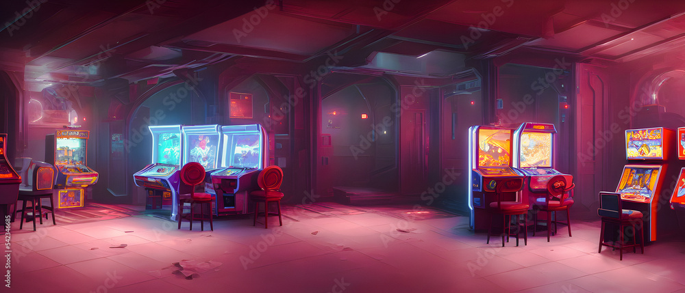 Artistic concept illustration of a vintage video games room, background ...