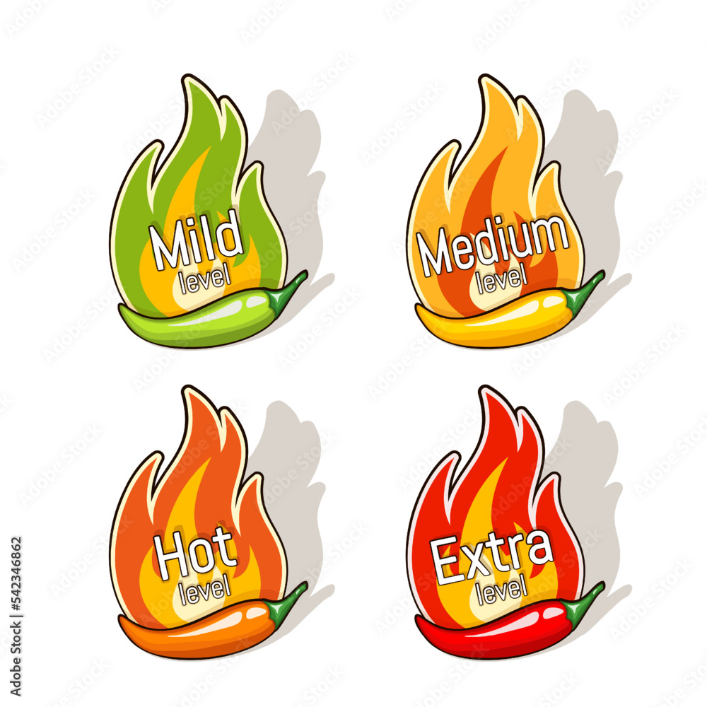 Set of badges with chili pepper pod and fire flame from behind. Mild ...