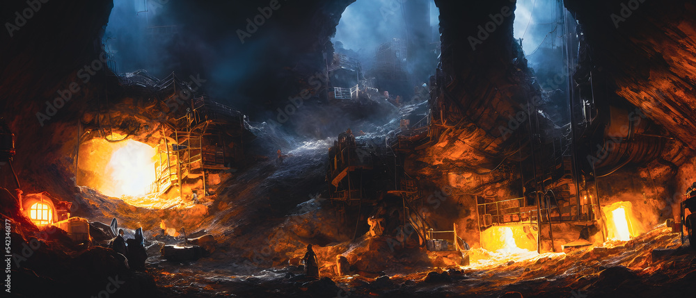 Artistic concept painting of a gold mine in cave, background ...