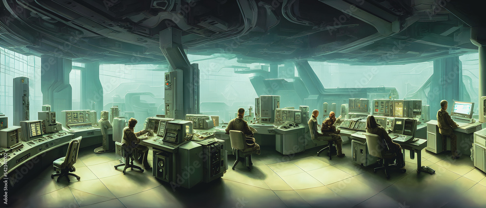 Artistic concept illustration of a futuristic control room of power ...