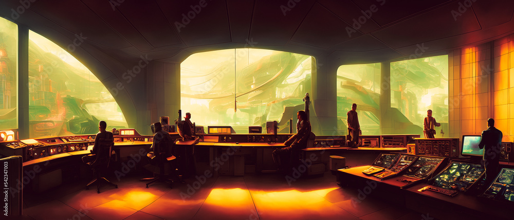 Artistic concept illustration of a futuristic control room of power ...