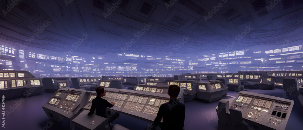 Artistic concept illustration of a futuristic control room of power ...