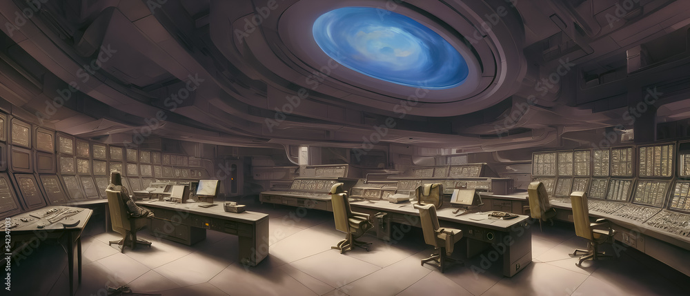 Artistic concept illustration of a futuristic control room of power ...