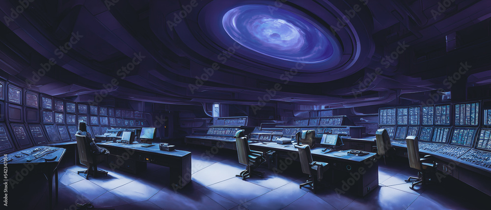 Artistic concept illustration of a futuristic control room of power ...