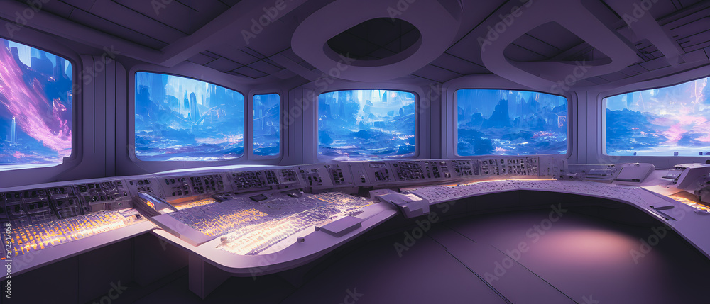 Artistic concept illustration of a futuristic control room of power ...