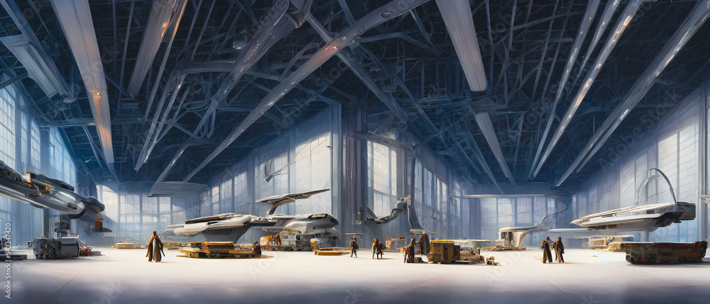 Artistic concept illustration of a warehouse hall, background ...