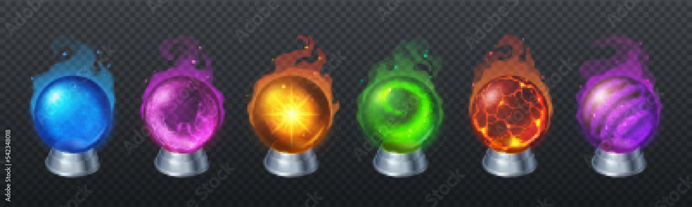 Magic crystal balls, fortune teller globes, oracle and halloween wizard ...