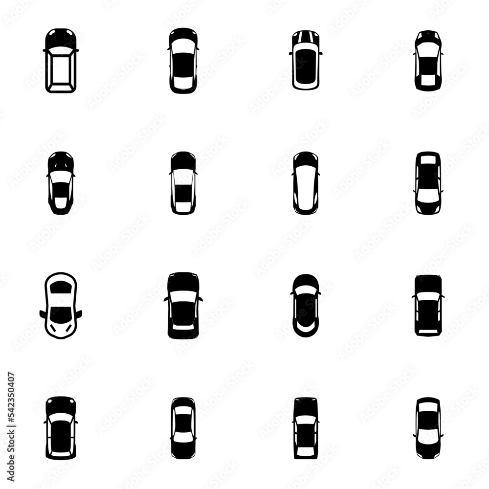 Car Top View Icons Set. Outline cars top view. Cars Silhouettes. Cars ...