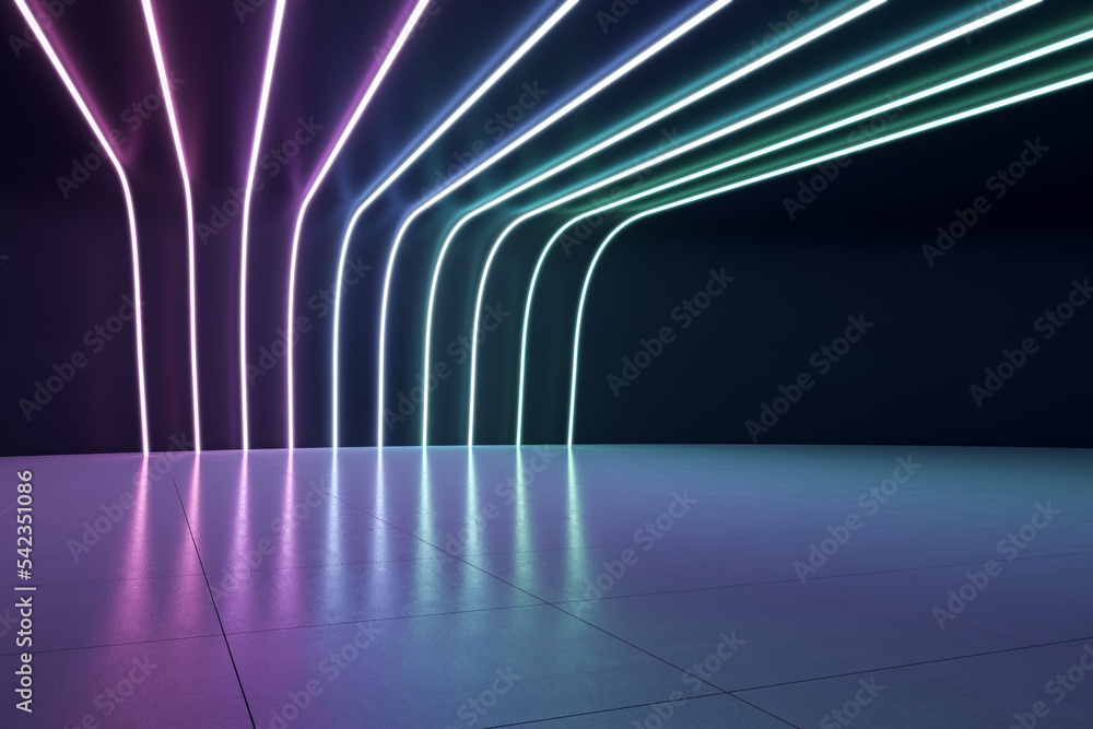 Perspective view on multi colored neon lamps along dark wall in ...