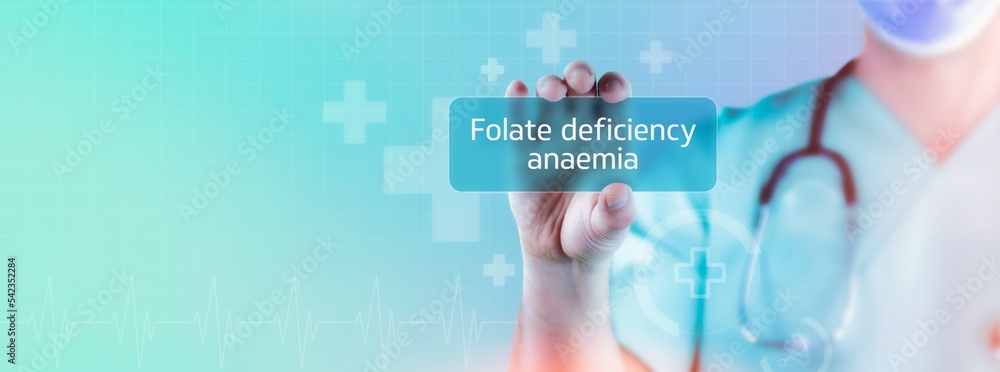 Folate deficiency anaemia (Vitamin B12). Doctor holds virtual card in ...