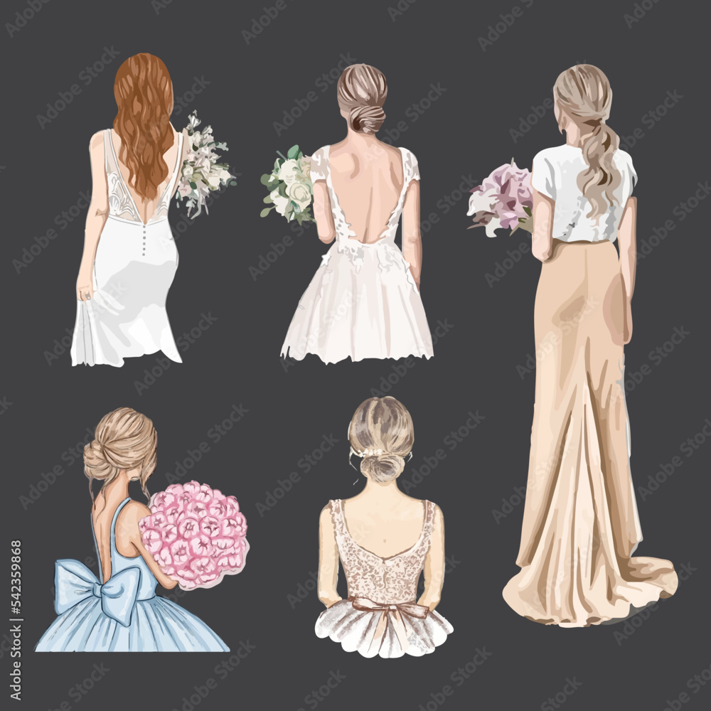 Hand drawn Bride with beautiful hairstyle flower watercolor vector ...