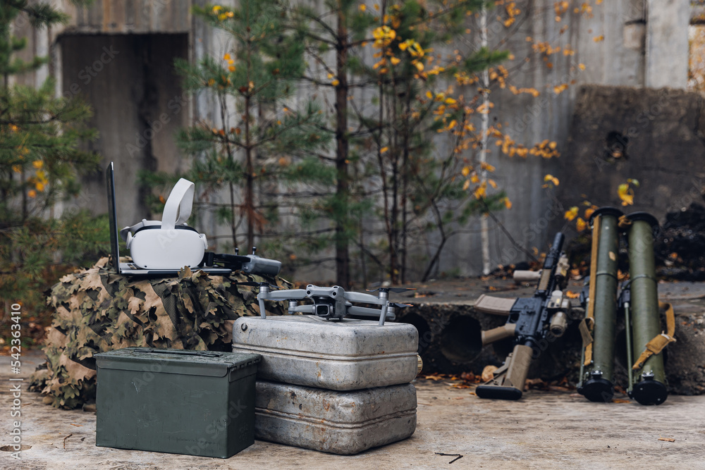 Mobile headquarters of group of soldiers armed with rifles, grenade ...