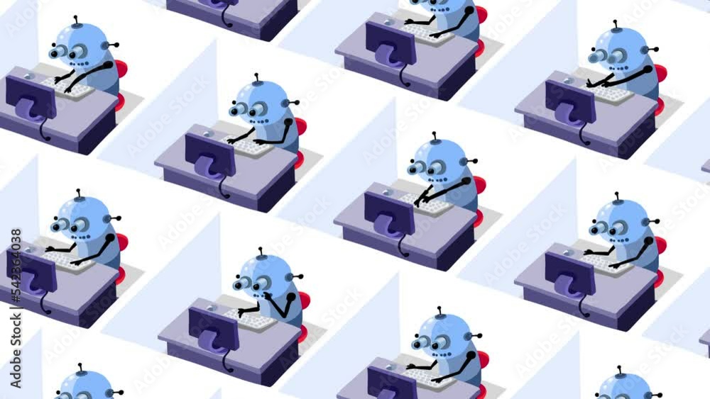 Robots working in office as employees in cubicles. AI cartoon animation ...