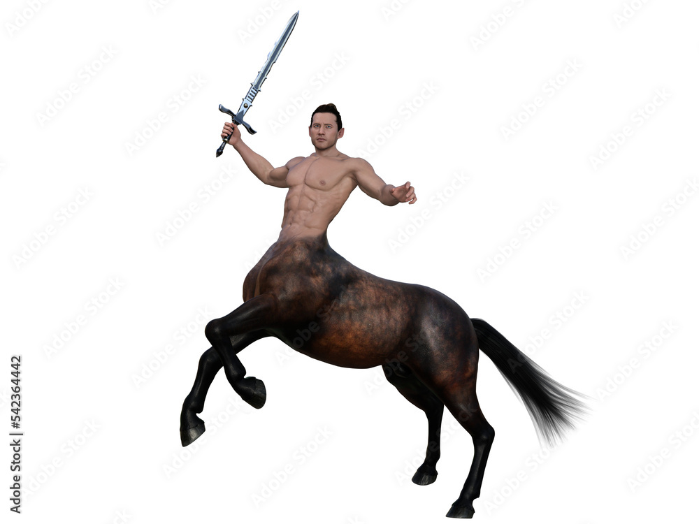 3D Rendering : A portrait of the handsome male centaur posing his body with sword , isolated ...