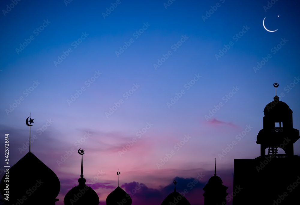 Mosques Dome,Crescent Moon on Sunset Twilight Sky Background,Islamic ...