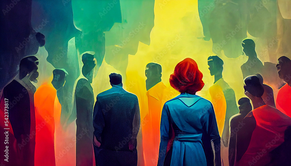 Group of many people as crowd from behind as watercolor illustration ...