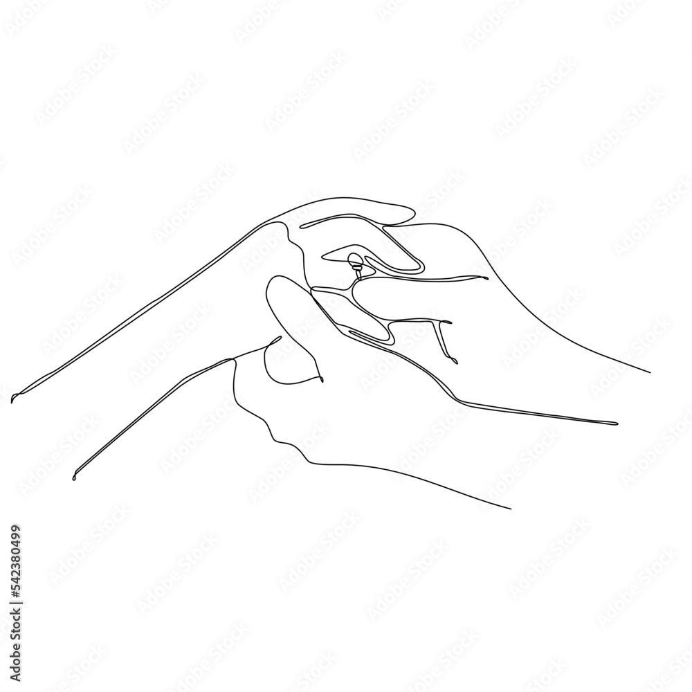 Single one line drawing groom puts ring on finger of bride. Bride and ...