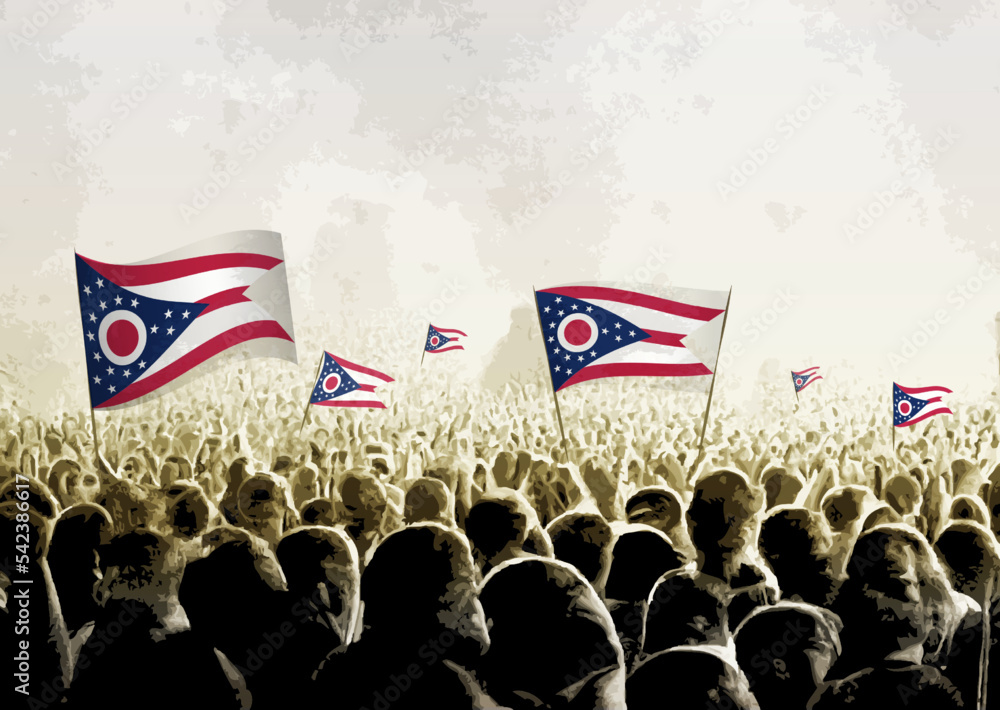 Crowd with the flags of Ohio, people cheering national team of Ohio. Ai ...