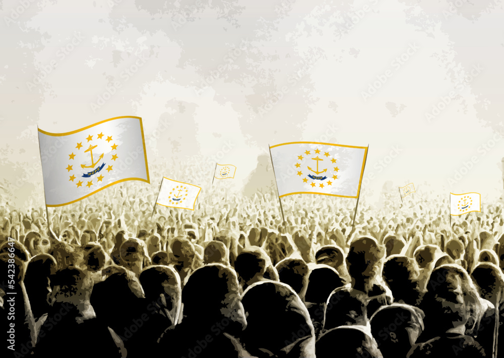 Crowd with the flags of Rhode Island, people cheering national team of ...