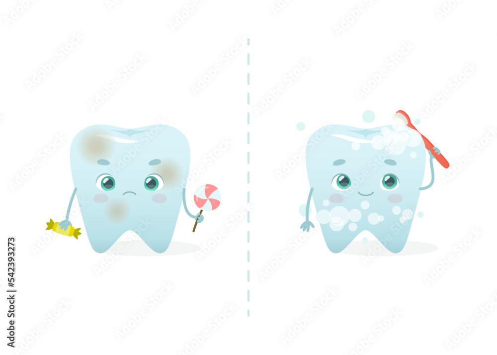 Cartoon tooth with caries and sweets vs clean tooth with toothbrush ...