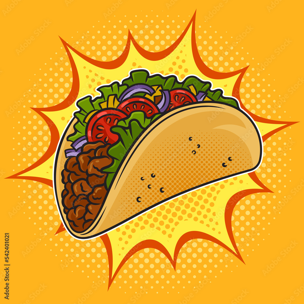 Taco traditional Mexican food pinup pop art retro raster illustration ...