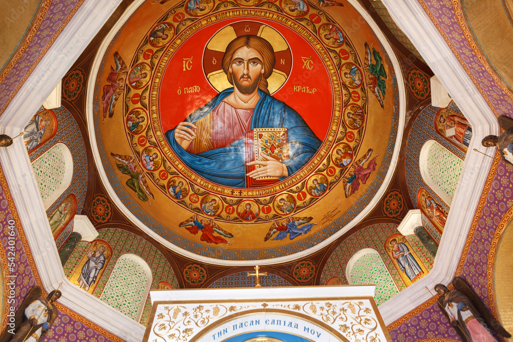 Throni, Cyprus - July 20, 2019: The image of Christ on the dome of the ...