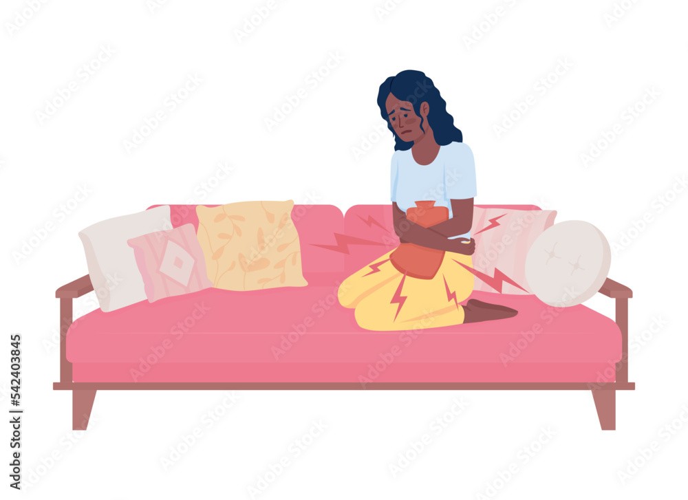 Lady with painful period semi flat color vector character. Menstrual ...