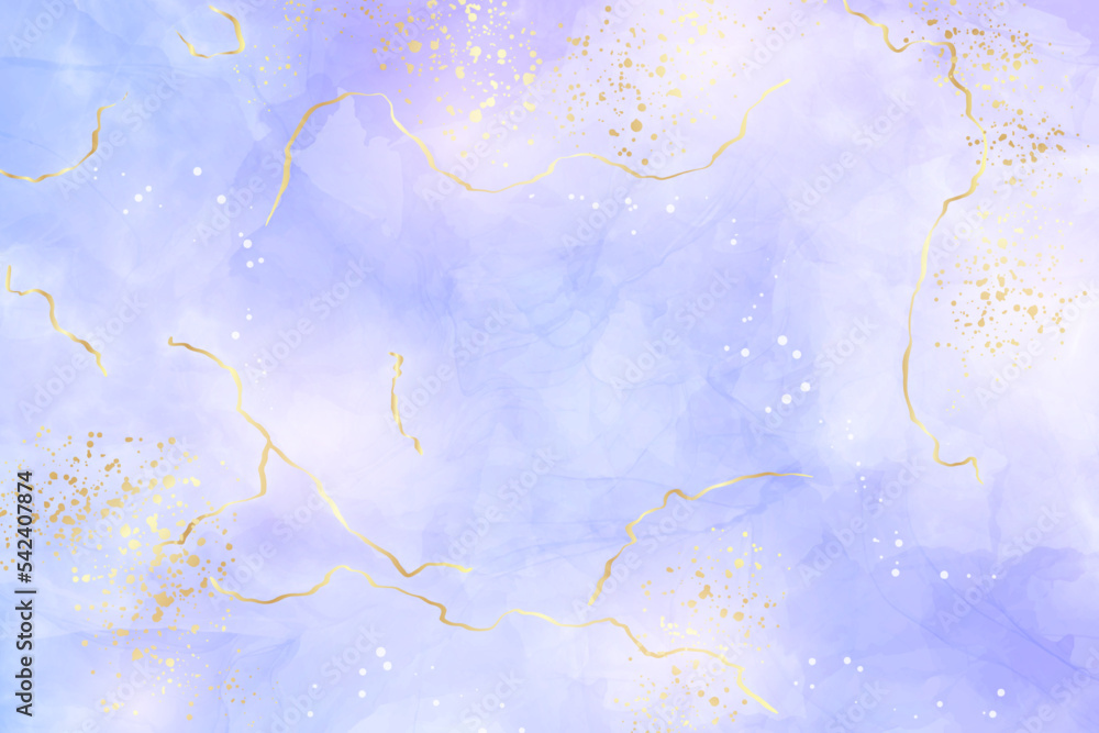 Violet lavender liquid watercolor marble background with golden lines ...