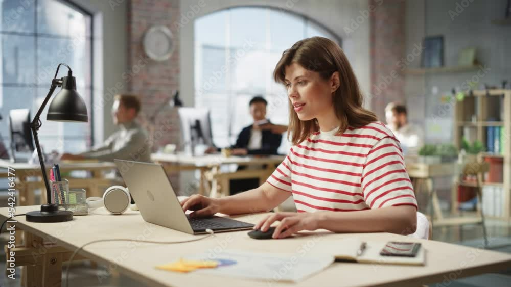 Portrait of Caucasian Young Inspired Woman Smiling and Working on ...