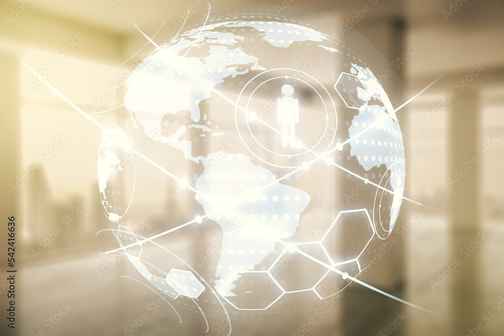 Virtual social network media hologram and world map on modern interior ...