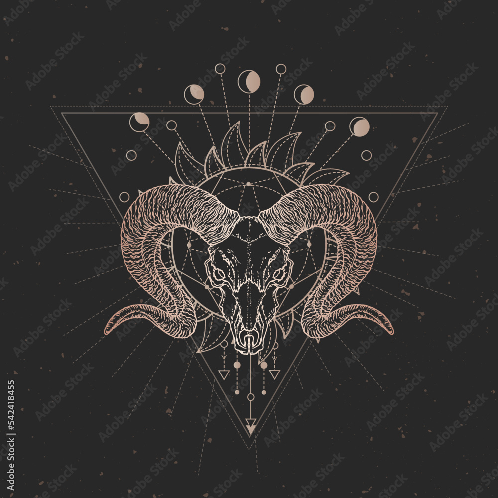 Vector illustration with hand drawn Wild ram skull and Sacred geometric ...
