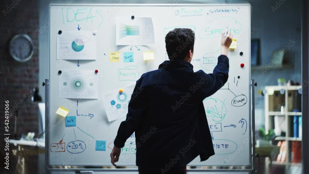 Young Project Manager Using Charts and Statistics on a Whiteboard ...