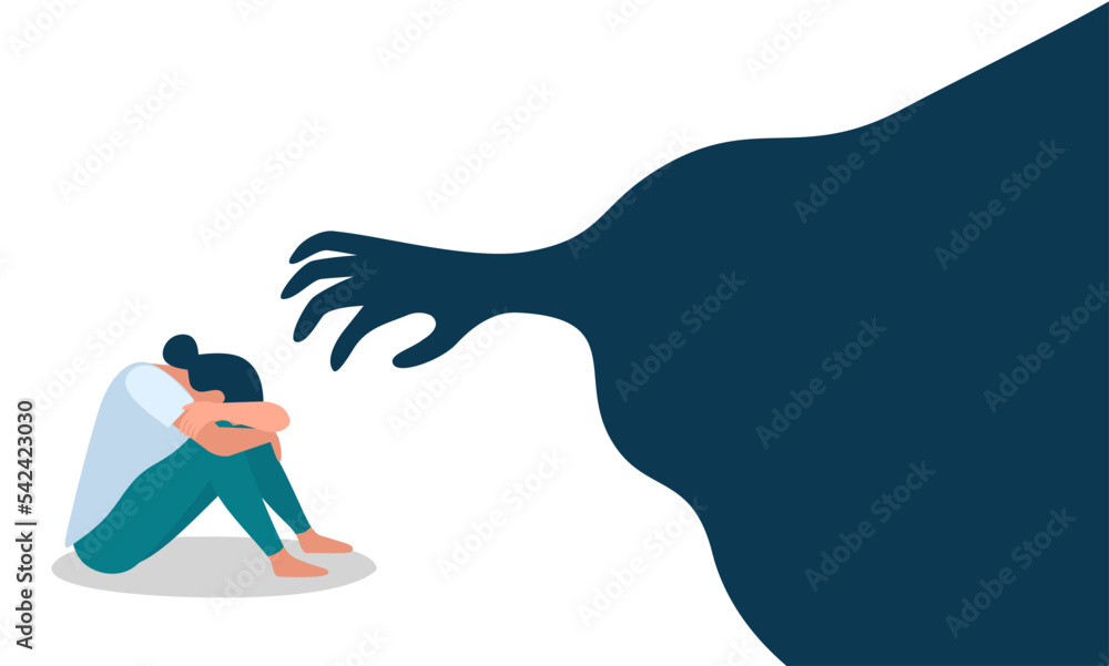vector illustration, a woman cowering in fear with a hand silhouette, as a banner or poster ...