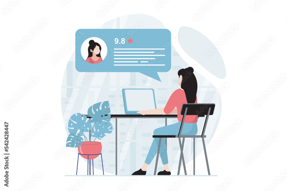 Feedback page concept with people scene in flat design. Woman leaves ...
