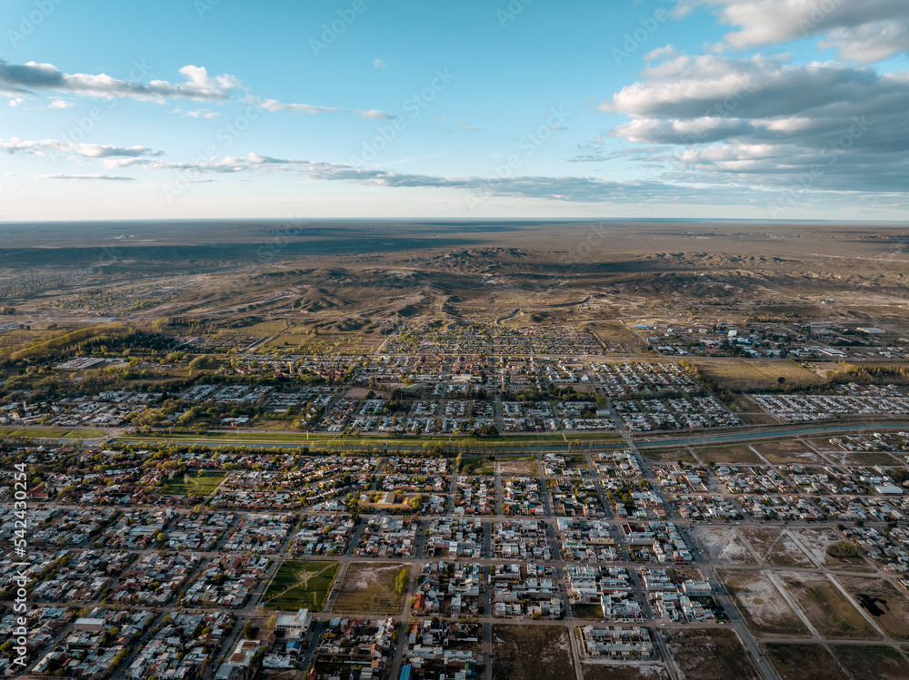 Panoramic aerial view of town with waterway in the middle and ...
