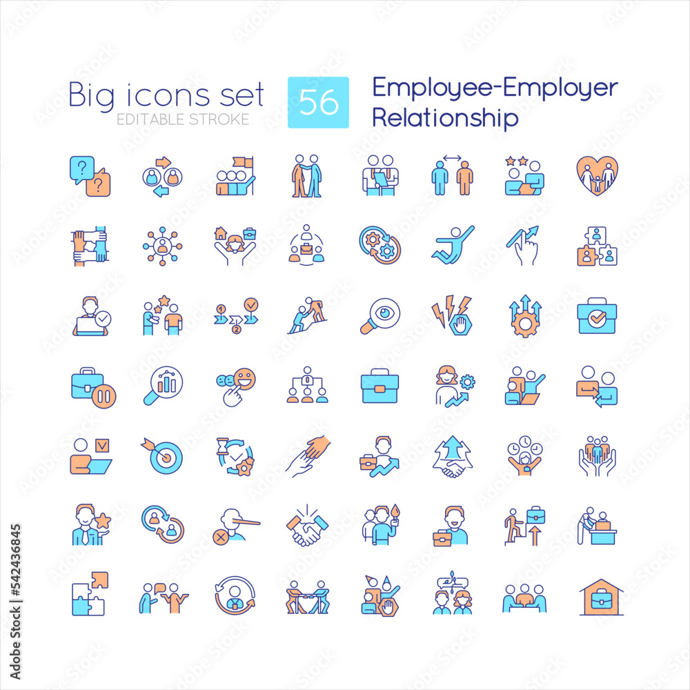 Employee employer relationship RGB color icons set. Interaction with ...