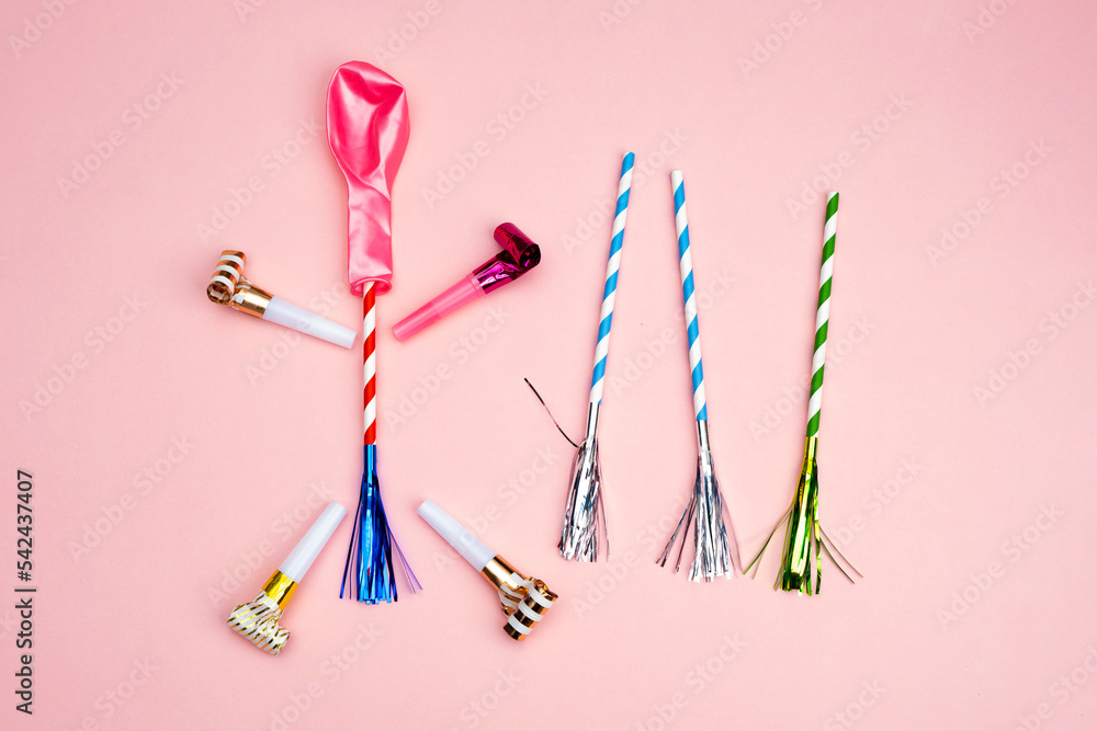 Birthday party background. Invitation card, party supplies, birthday ...