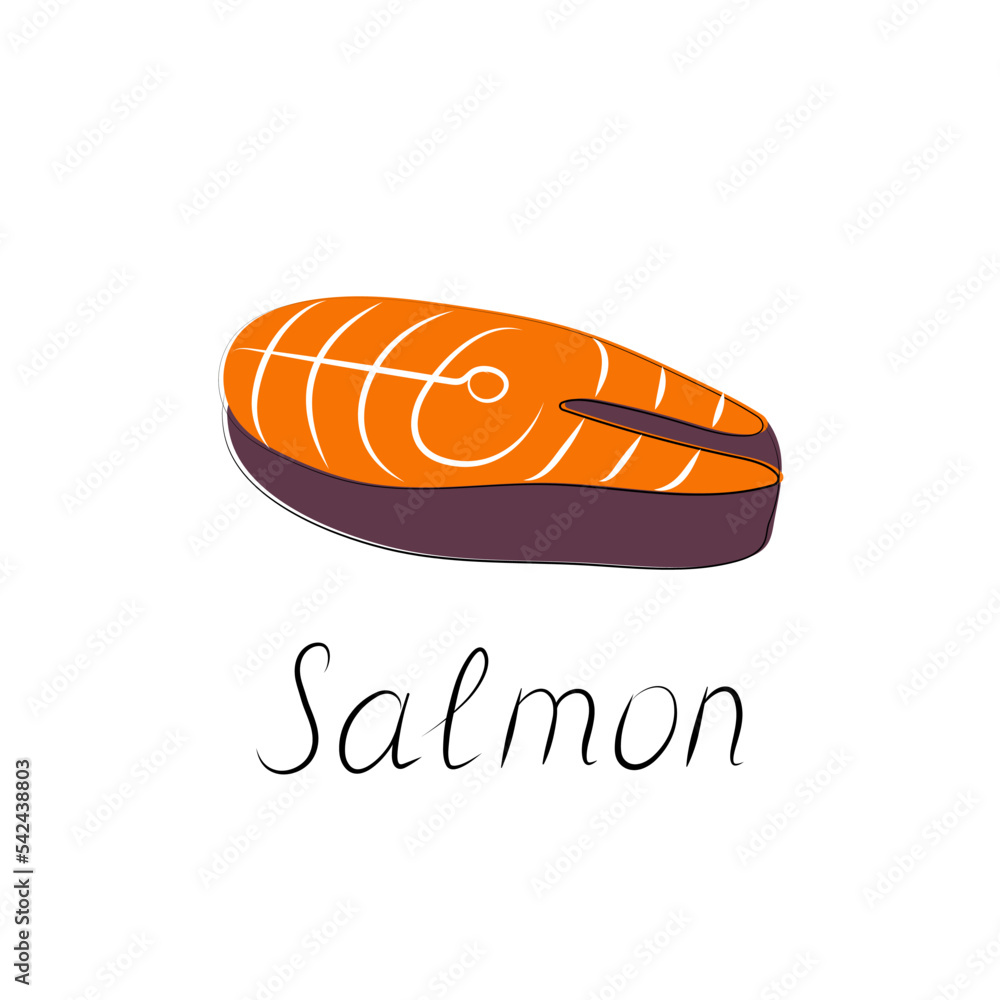 Salmon steak illustration and hand-written inscription. Seafood fish ...