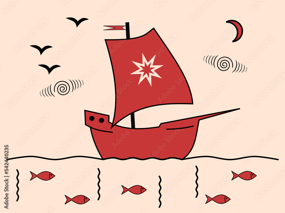 Cartoon old sail ship in sea Stock Vector | Adobe Stock
