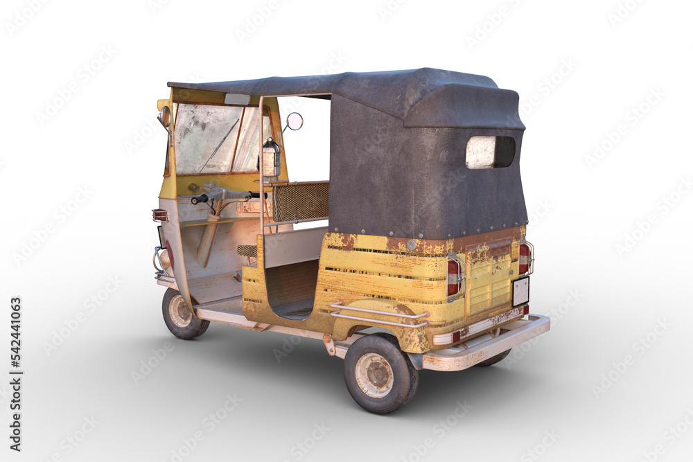 Rear view 3D rendering of an Indian auto rickshaw isolated on ...