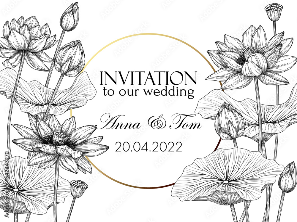 Vector invitation template with lotus flowers in engraving style Stock ...