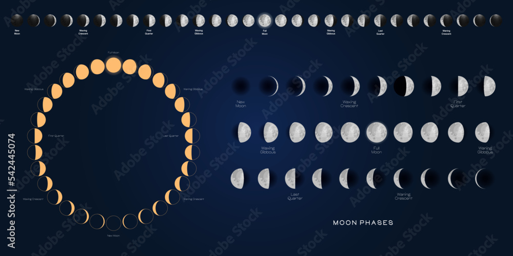 Moon phases scheme sphere shadow cycle astronomy icon set. Vector ...