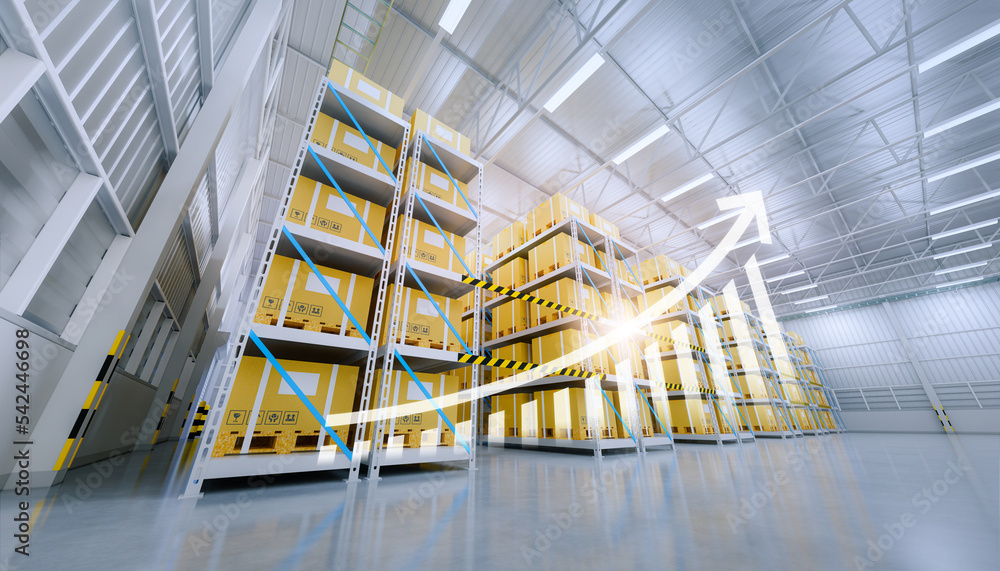 3d rendering of warehouse or distribution center with increase graph ...