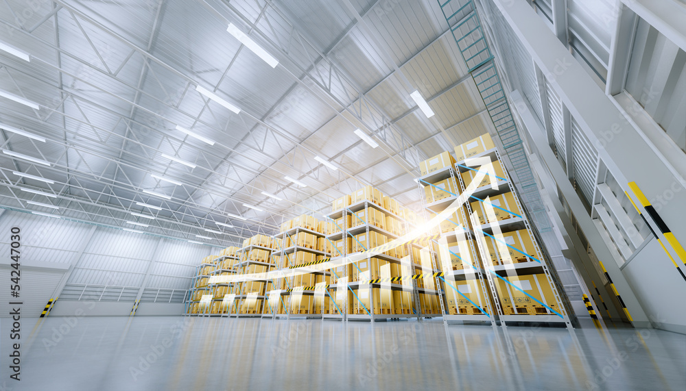 3d rendering of warehouse or distribution center with increase graph ...