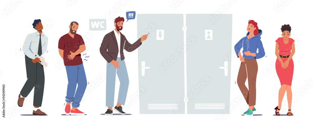 Queue To Toilet, People Waiting At Wc Door Stand In Line. Unhappy Male ...