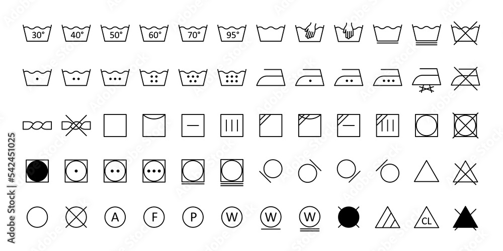 Laundry wash symbols on label icons set isolated PNG Stock Illustration ...