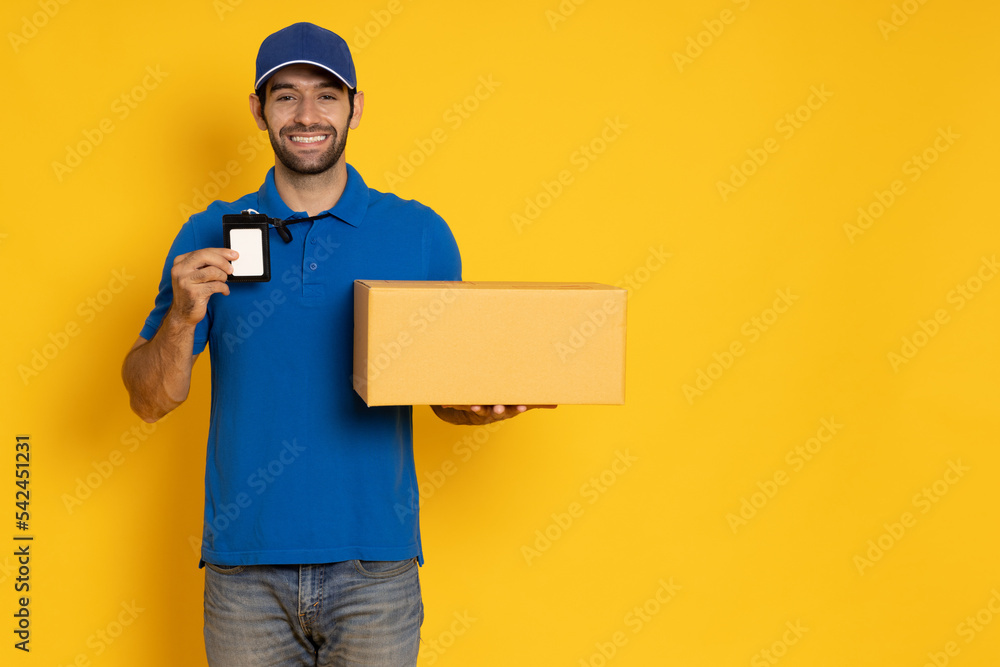 Happy delivery man with a smile arriving with a package for you showing ...