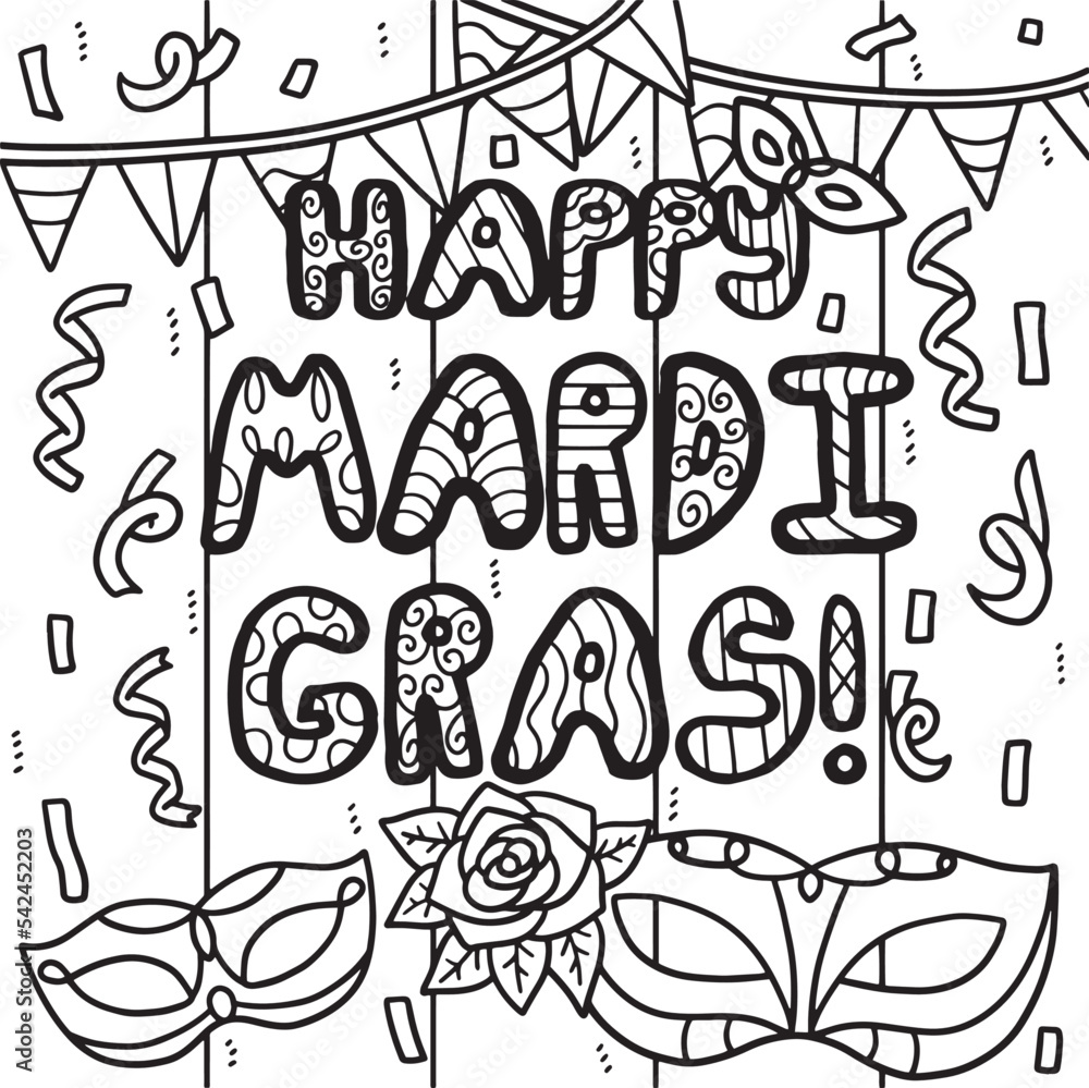 Happy Mardi Gras Coloring Page for Kids Stock Vector | Adobe Stock