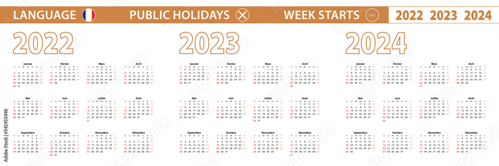 Plakát 2022, 2023, 2024 year vector calendar in French language, week ...