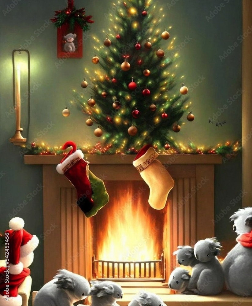 A Cute Koala Family Around a Christmas Tree and Fireplace, Cuddled Up ...